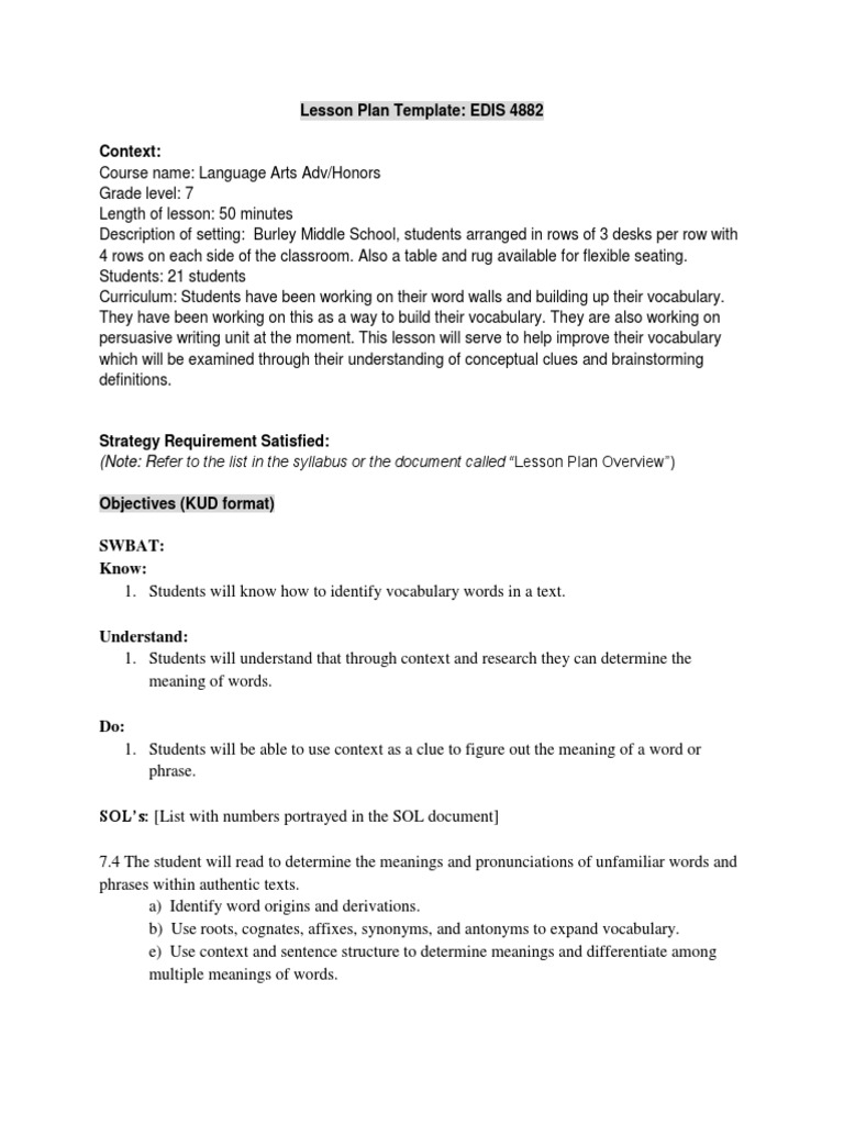 Lesson Plan Template: EDIS 4882 Context:: Swbat: Know | PDF | Native ...