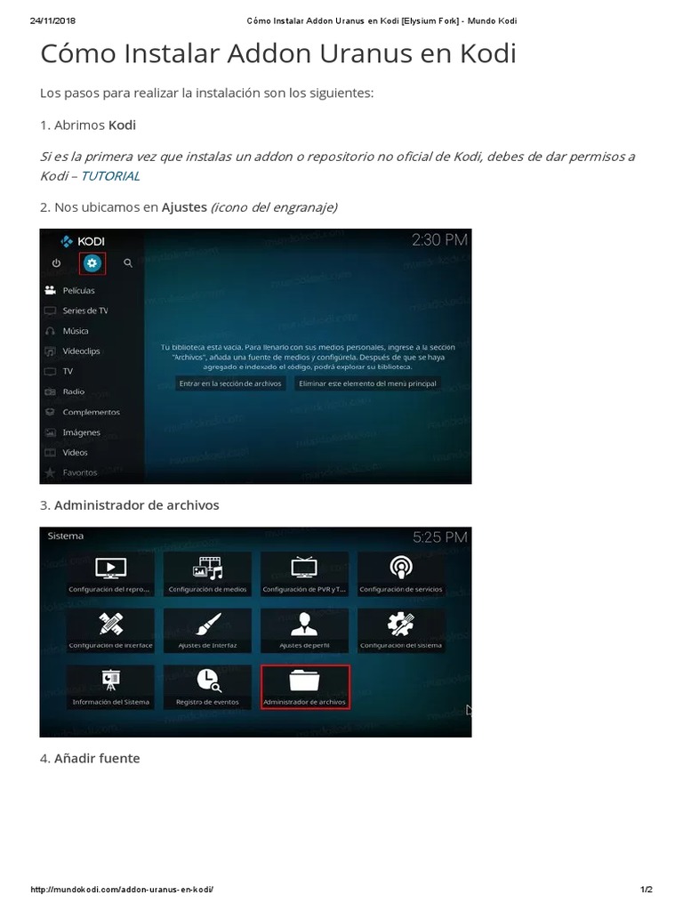 Cómo Instalar Addon Uranus en Kodi (Elysium Fork) - Mundo Kodi | PDF
