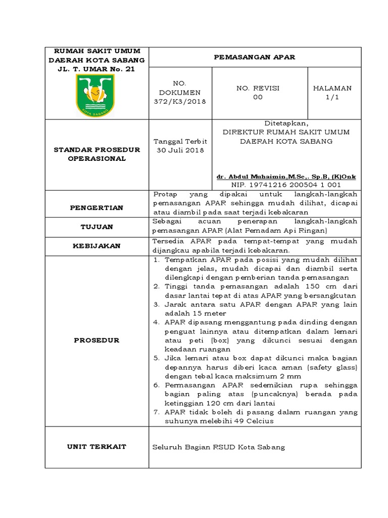 SOP Pemasangan APAR RSUD | PDF