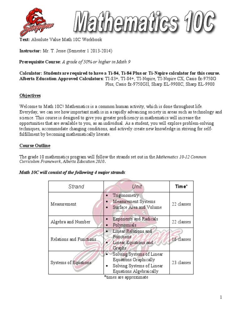 Grade 10 Math Course Outline | PDF | Homework | Equations