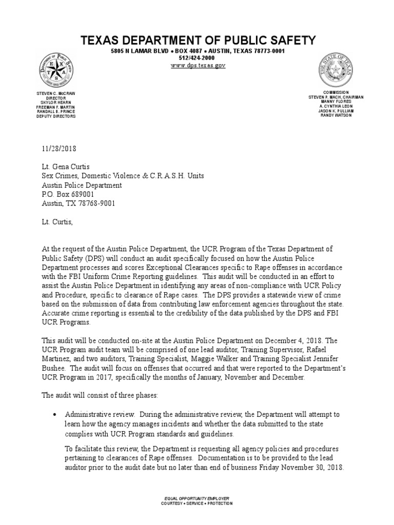 DPS Letter Detailing Audit To APD Sex Crimes Unit | PDF | Audit | Crime ...