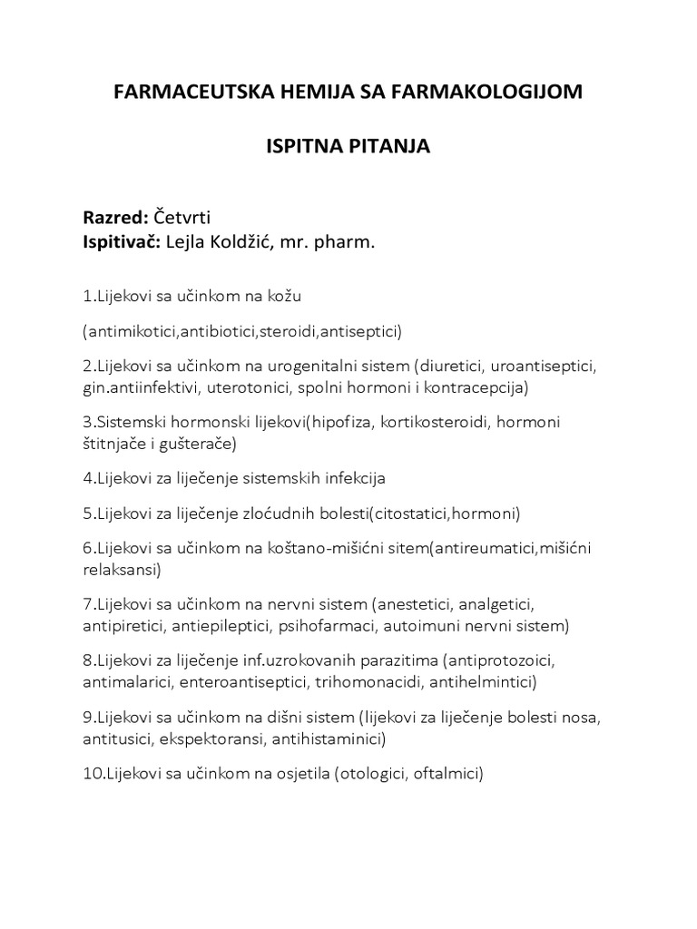 Farmaceutska Hemija Sa Farmakologijom - IV Razred | PDF