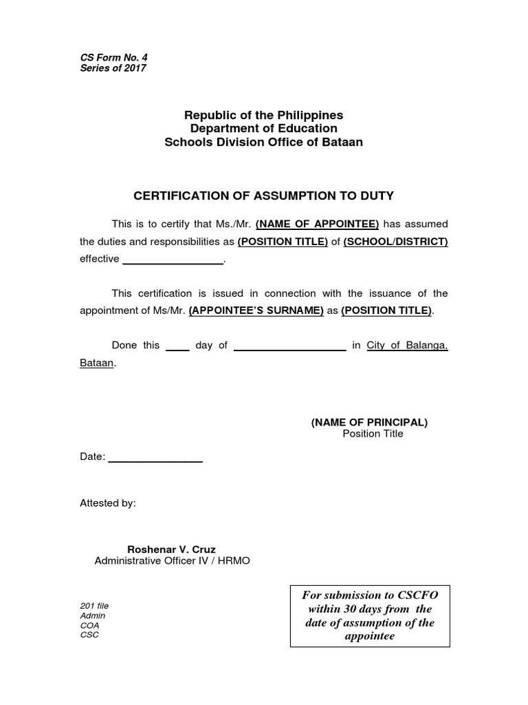 Education Certification of Assumption to Duty Form | PDF