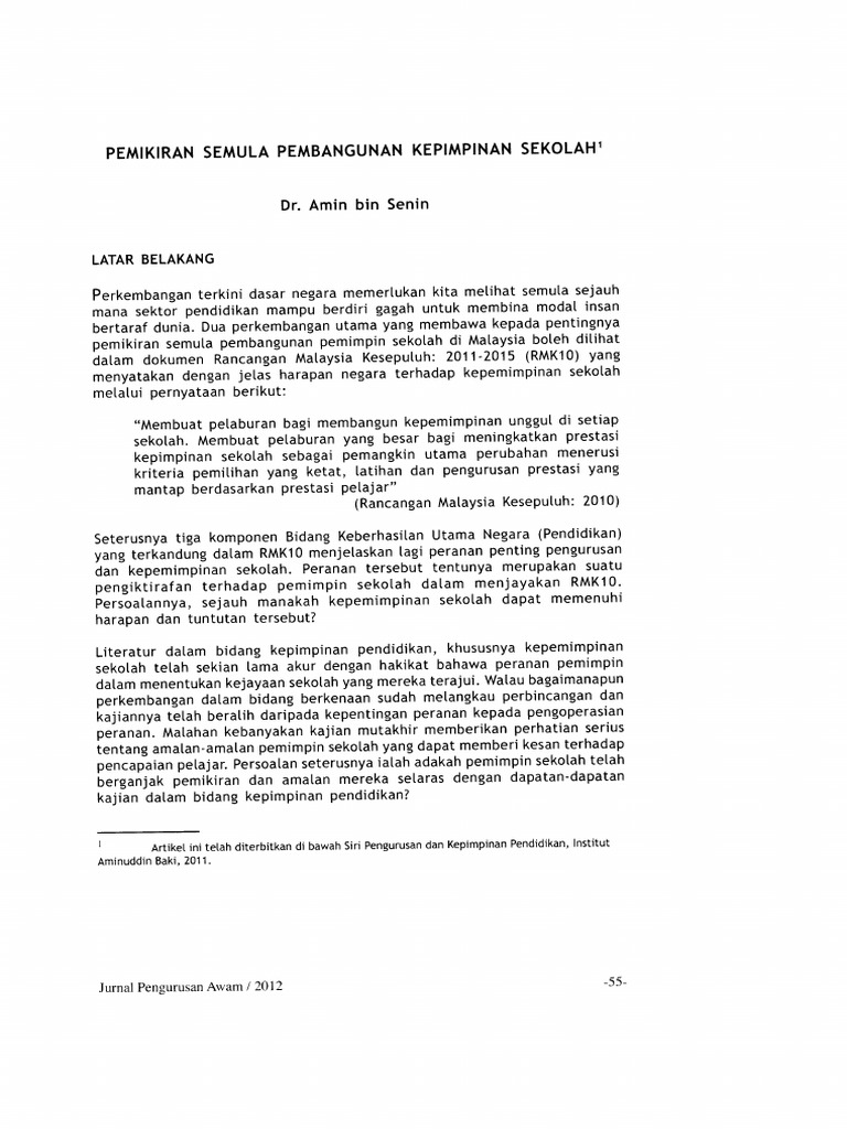Latar Belakang Pemikiran Semula Pembangunan Kepimpinan Sekolah 1. Dr. Amin Bin Senin | PDF