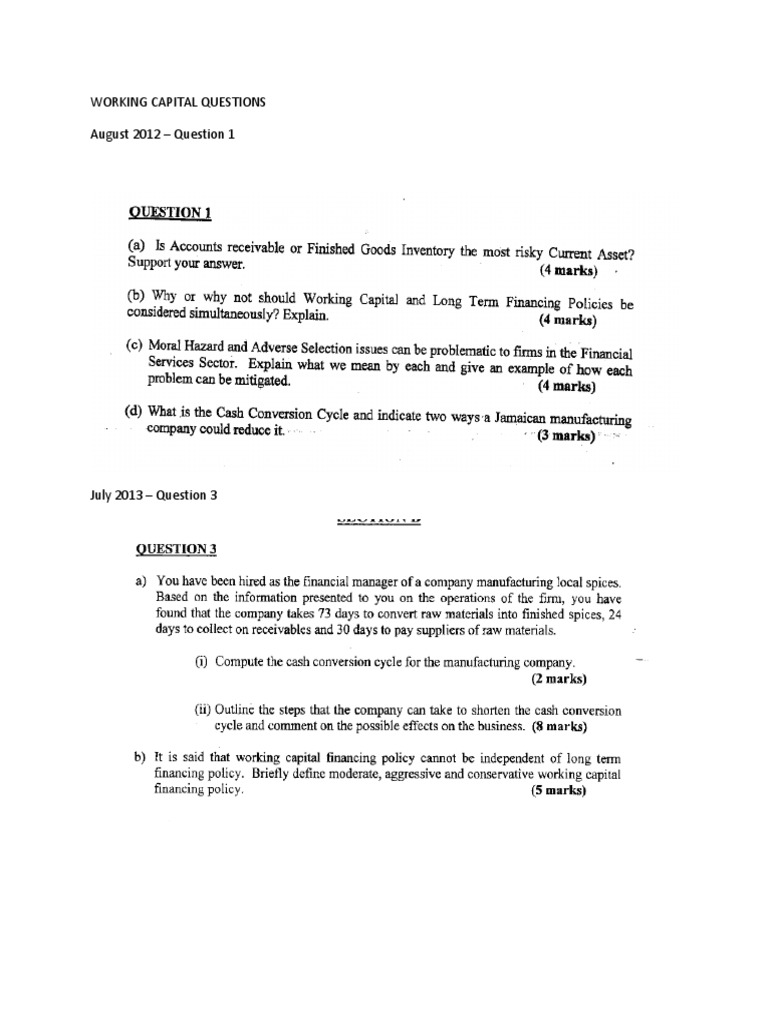 Working Capital Questions August 2012 - Question 1 | PDF