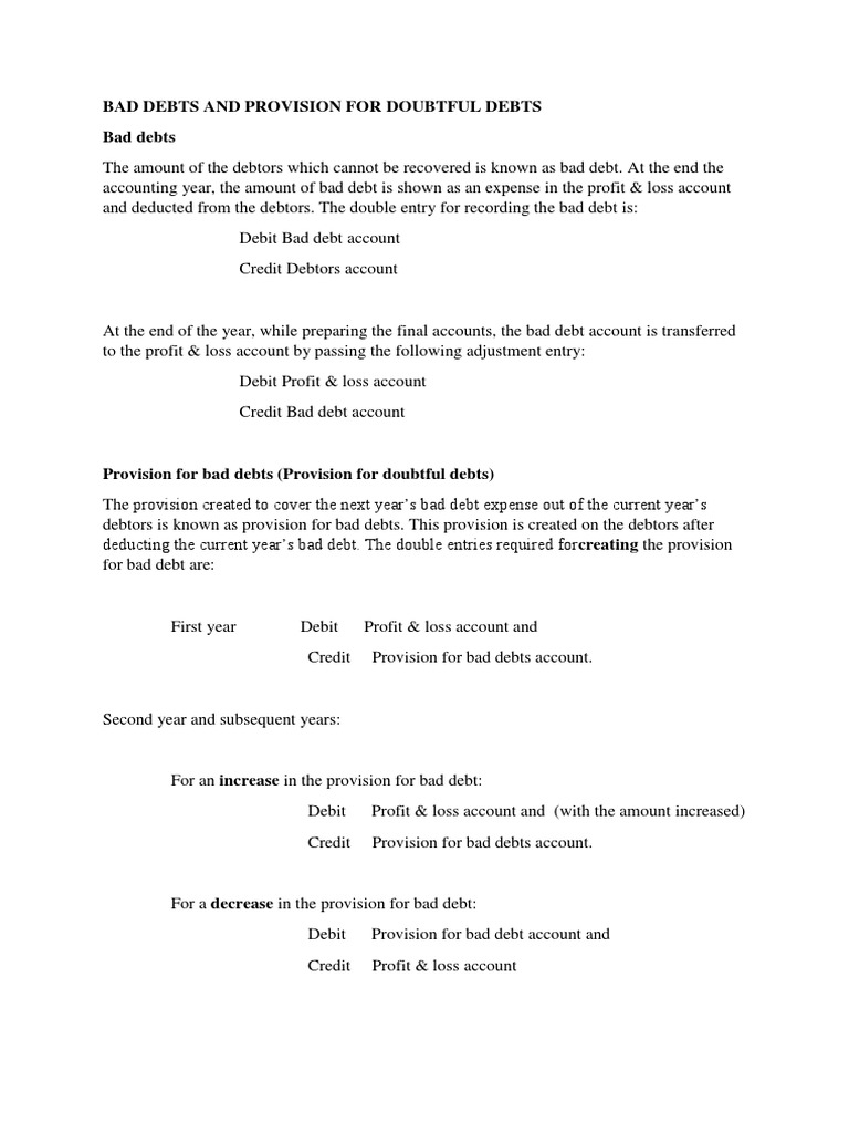 Bad Debts and Provision For Doubtful Debts Bad Debts | PDF | Debits And ...