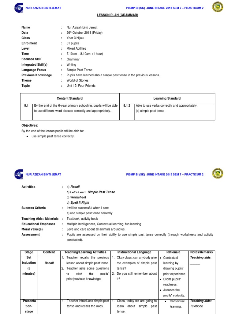 Grammar Lesson Plan Year 3 | Download Free PDF | Lesson Plan ...
