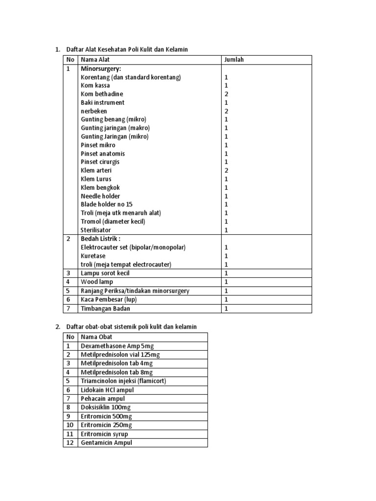 Daftar Alat Kesehatan Poli Kulit Dan Kelamin | PDF