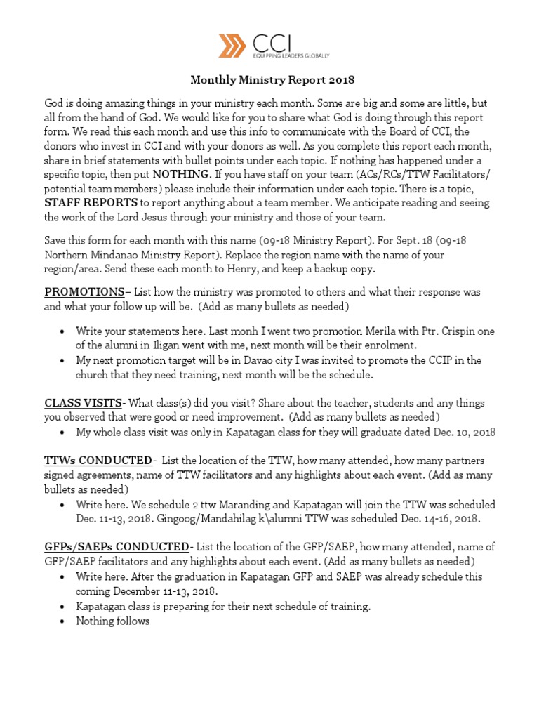 Ministry Report For Nov. 2018 | PDF | Career & Growth