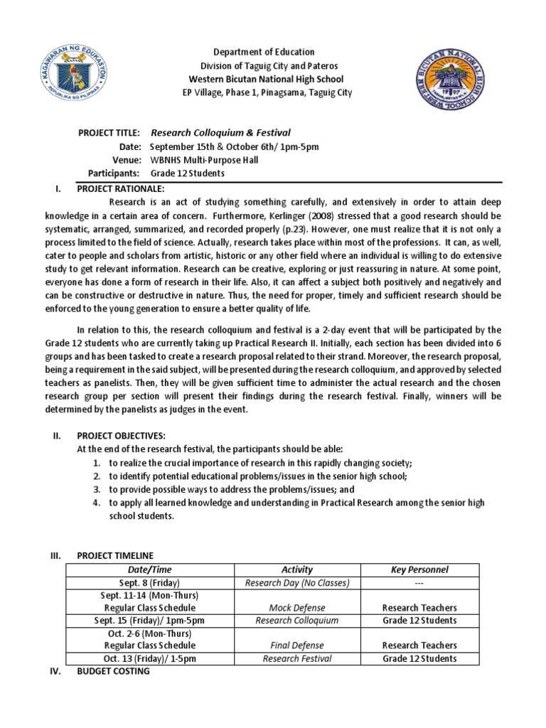 Research Colloquium & Festival: Western Bicutan National High School EP ...
