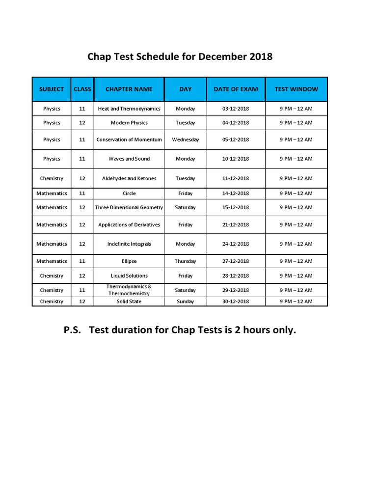 Chap Test Schedule - December - Class 12 | PDF