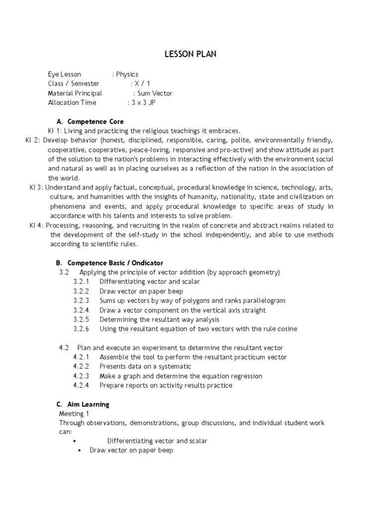 Lesson Plan: A. Competence Core | PDF | Euclidean Vector | Experiment