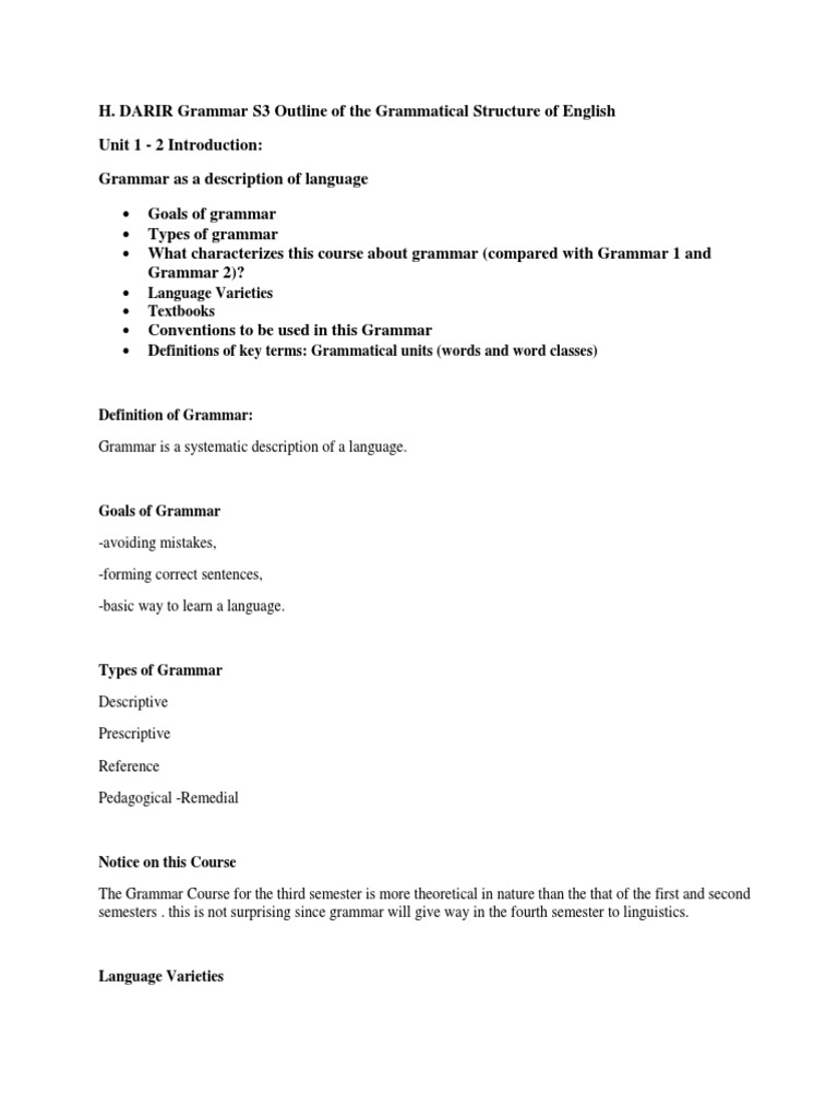 Goals of Grammar Types of Grammar: Efinitions of Key Terms: Grammatical Units (Words and Word ...