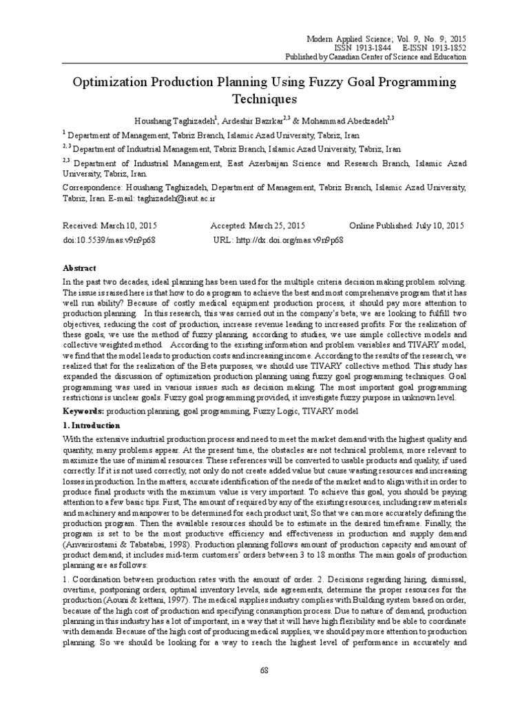 Optimization Production Planning Using Fuzzy Goal Programming Techniques | PDF | Fuzzy Logic ...