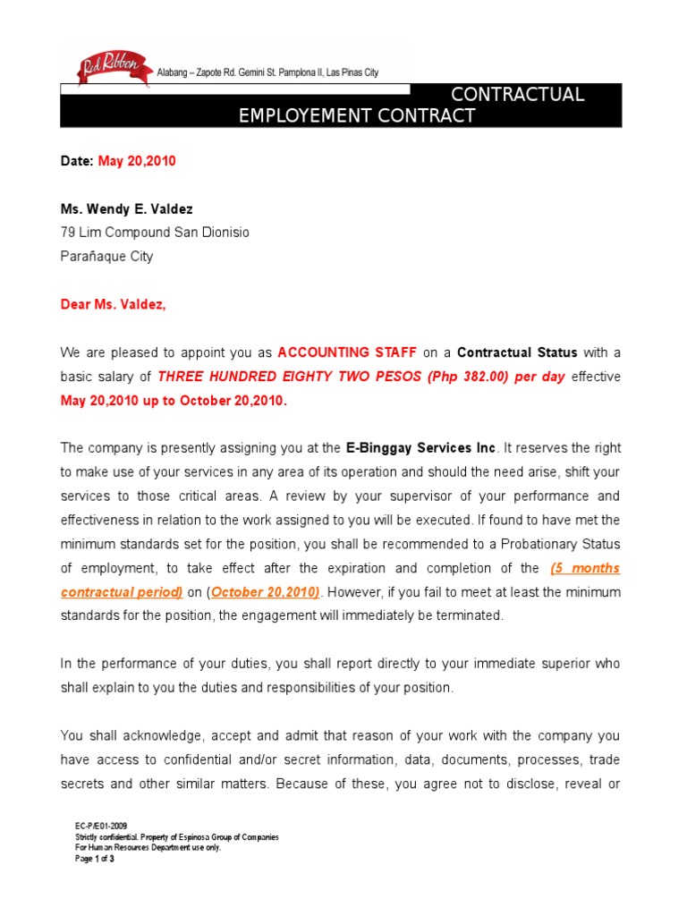 Contractual Employment Contract Sample | PDF | Employment | Social ...