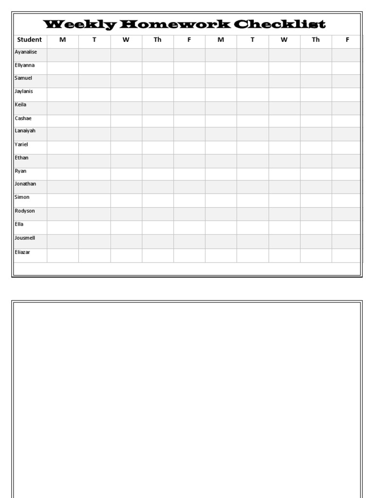Weekly Homework Checklist: Student M T W TH F M T W TH F | PDF