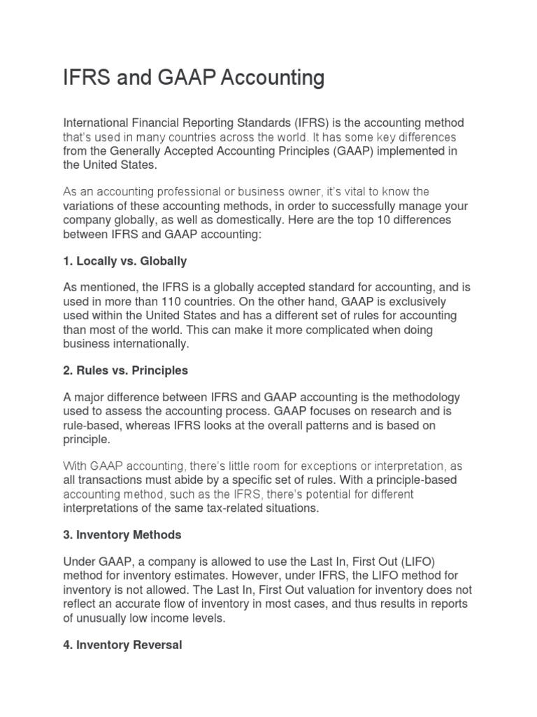 A Comparison of the Top 10 Differences Between IFRS and GAAP Accounting Standards | PDF ...