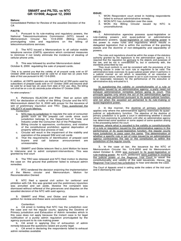 SMART and PILTEL Vs NTC | PDF | Rulemaking | Injunction
