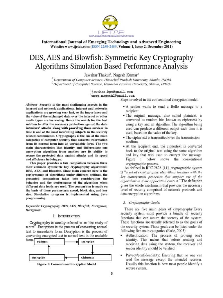DES, AES and Blowfish: Symmetric Key Cryptography Algorithms Simulation Based Performance ...