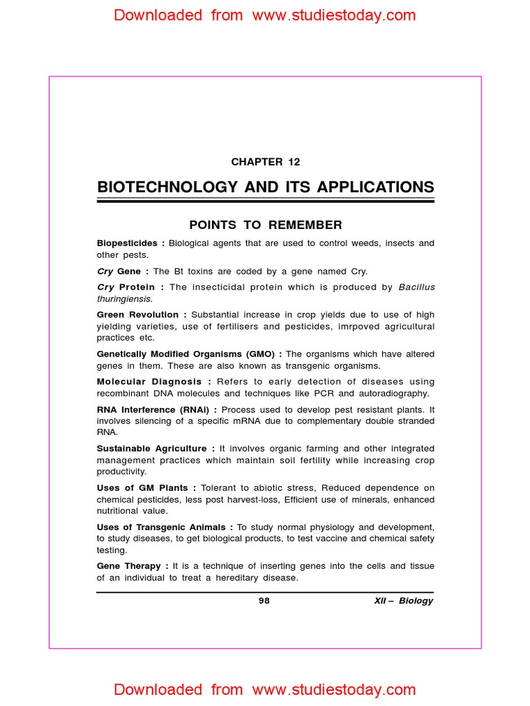 CBSE Class 12 Biology - Biotechnology and Its Applications Assignment ...
