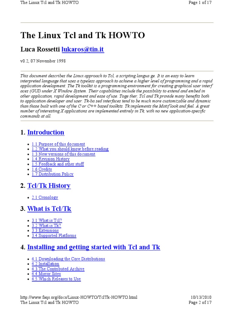 The Linux TCL and TK HOWTO: Lukaros@tin - It | PDF | Scripting Language | World Wide Web