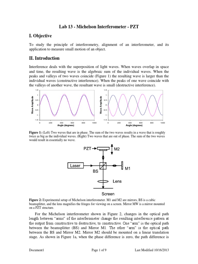 Lab 13 - Michelson Interferometer - PZT I. Objective | Download Free PDF | Interferometry | Optics