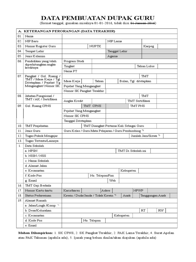 Data Isian DUPAK Guru | PDF