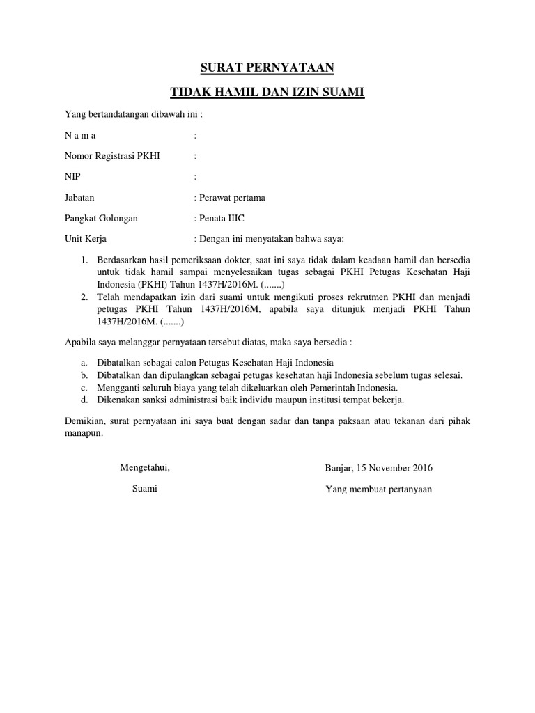 Surat Pernyataan Tidak Hamil untuk Kerja | PDF