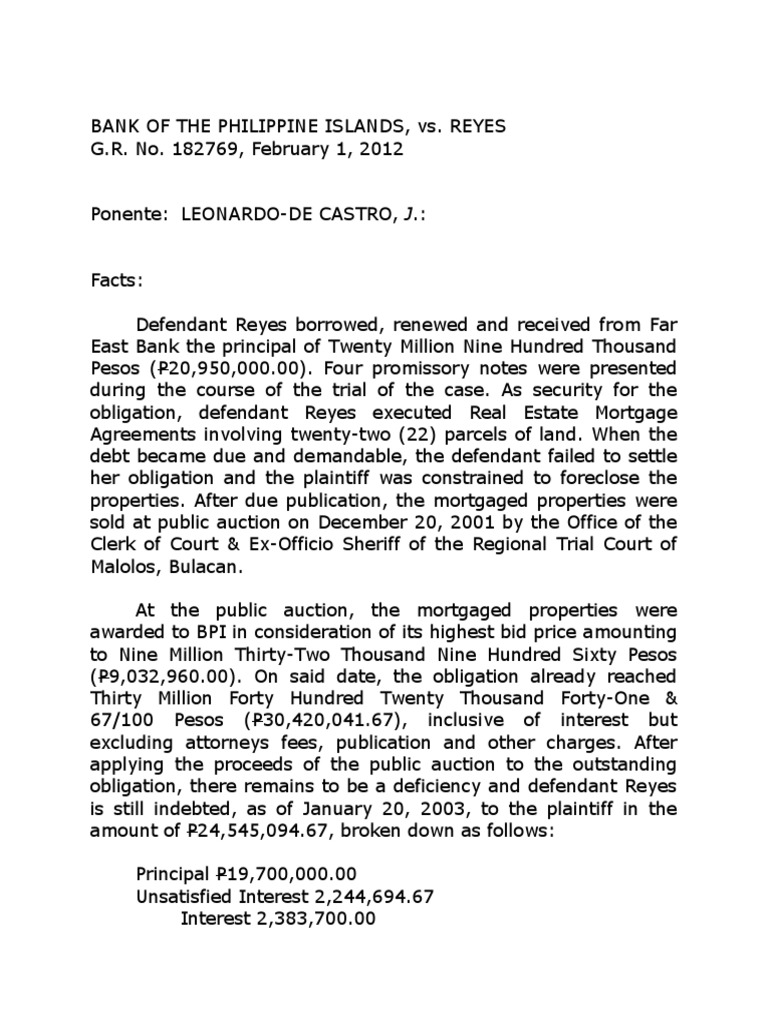 Bpi Vs Reyes Payment | PDF | Foreclosure | Liability (Financial Accounting)