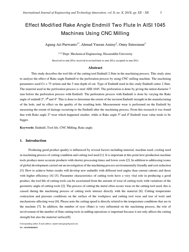 Effect Modified Rake Angle Endmill Two Flute in AISI 1045 Machines ...