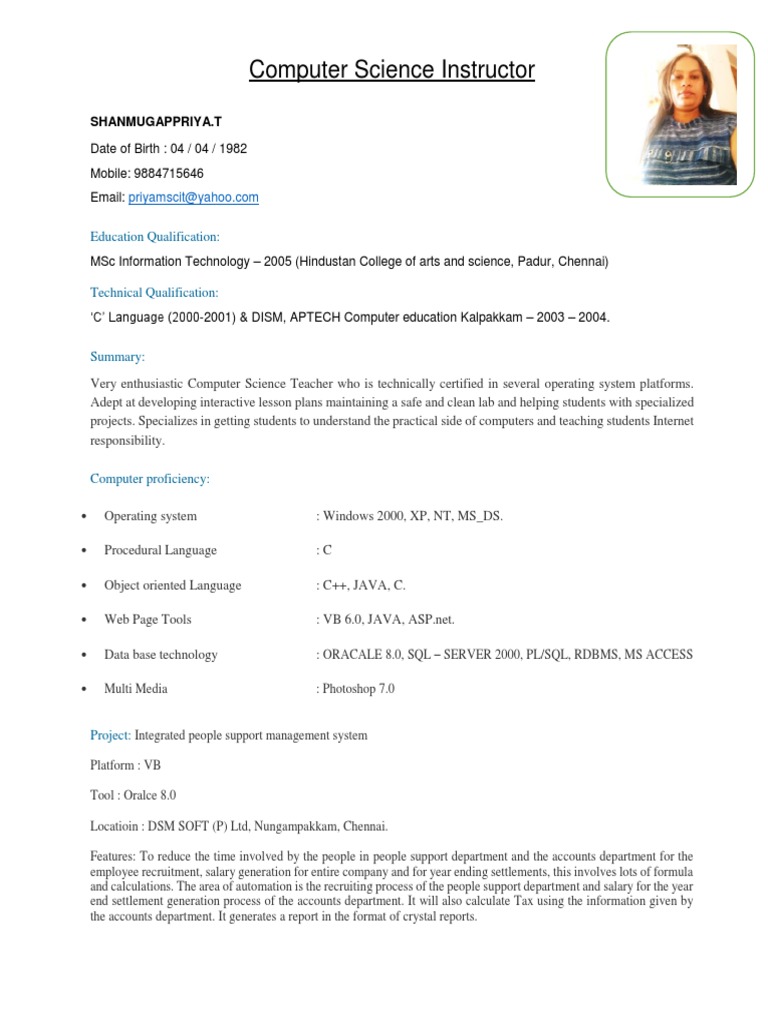 Computer Science Teacher Resume - Sample | PDF | Oracle Database ...
