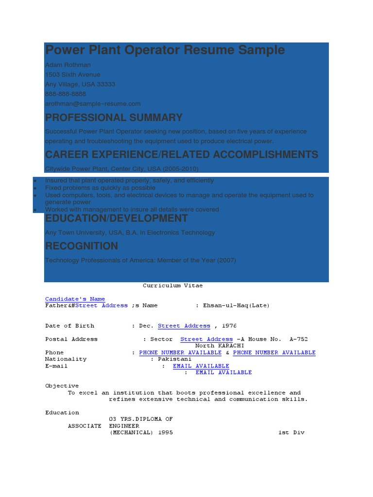 Power Plant Operator Resume Sample | PDF | Power Station | Gas Turbine