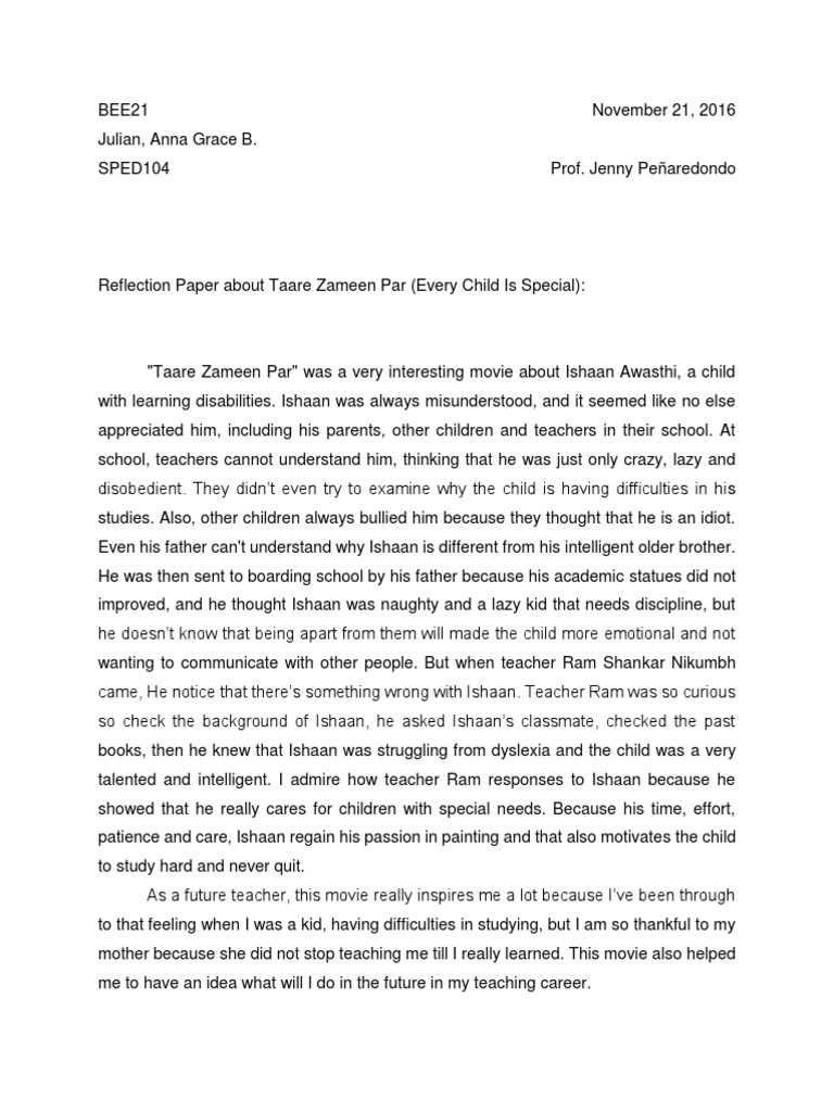 Reflection Paper About Taare Zameen Par | PDF