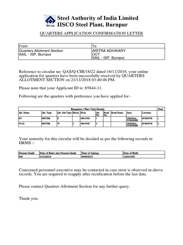 From To Quarters Allotment Section SAIL - ISP, Burnpur Aritra Adhikary ...