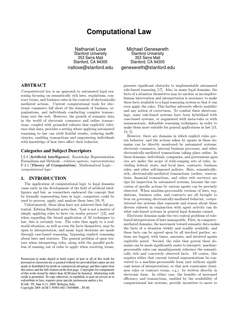 Computational Law: Nathaniel Love Michael Genesereth | PDF | Knowledge Representation And ...