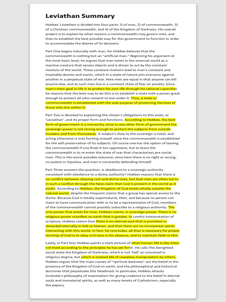 Leviathan Summary | PDF | Thomas Hobbes | Religious Belief And Doctrine