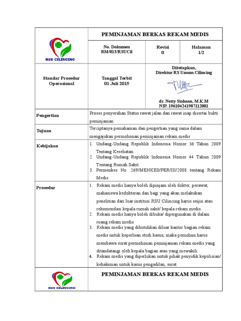 Sop Peminjaman Berkas Rekam Medis | PDF