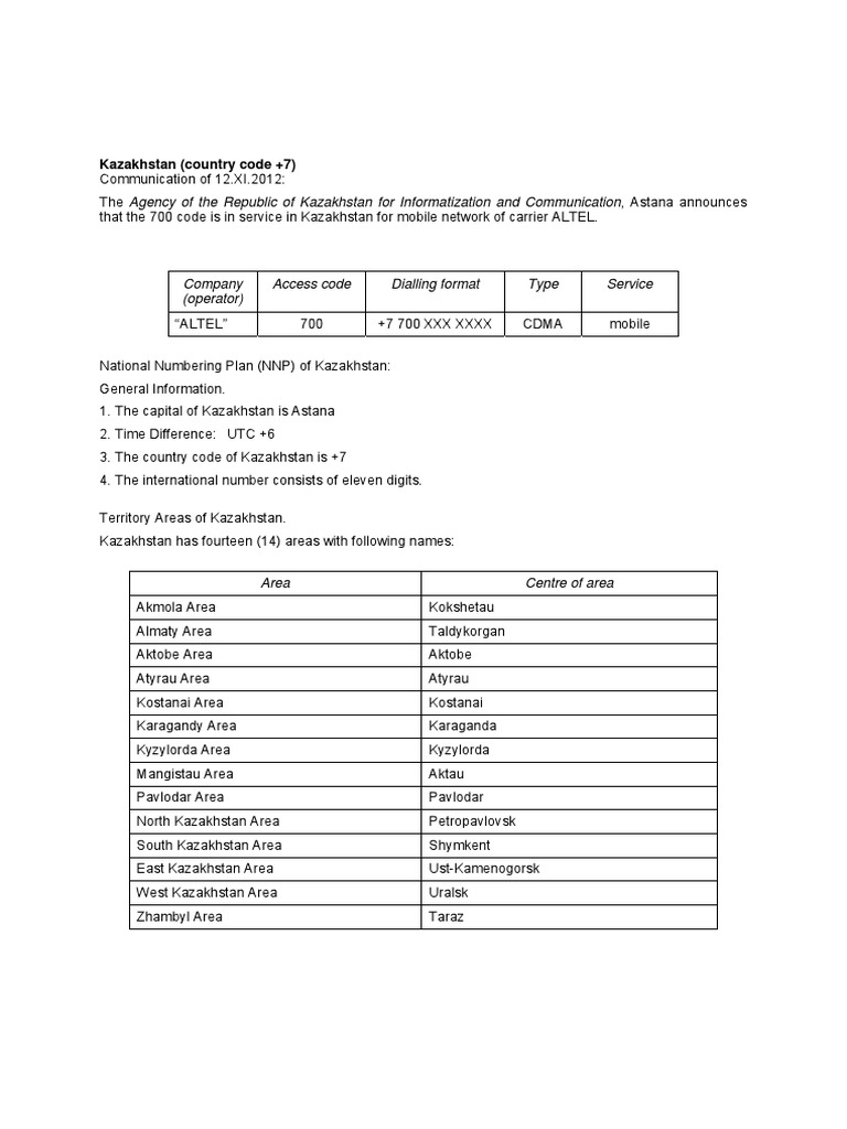 ITU Numbering Plan Kazakhstan | PDF | Cellular Network | Kazakhstan