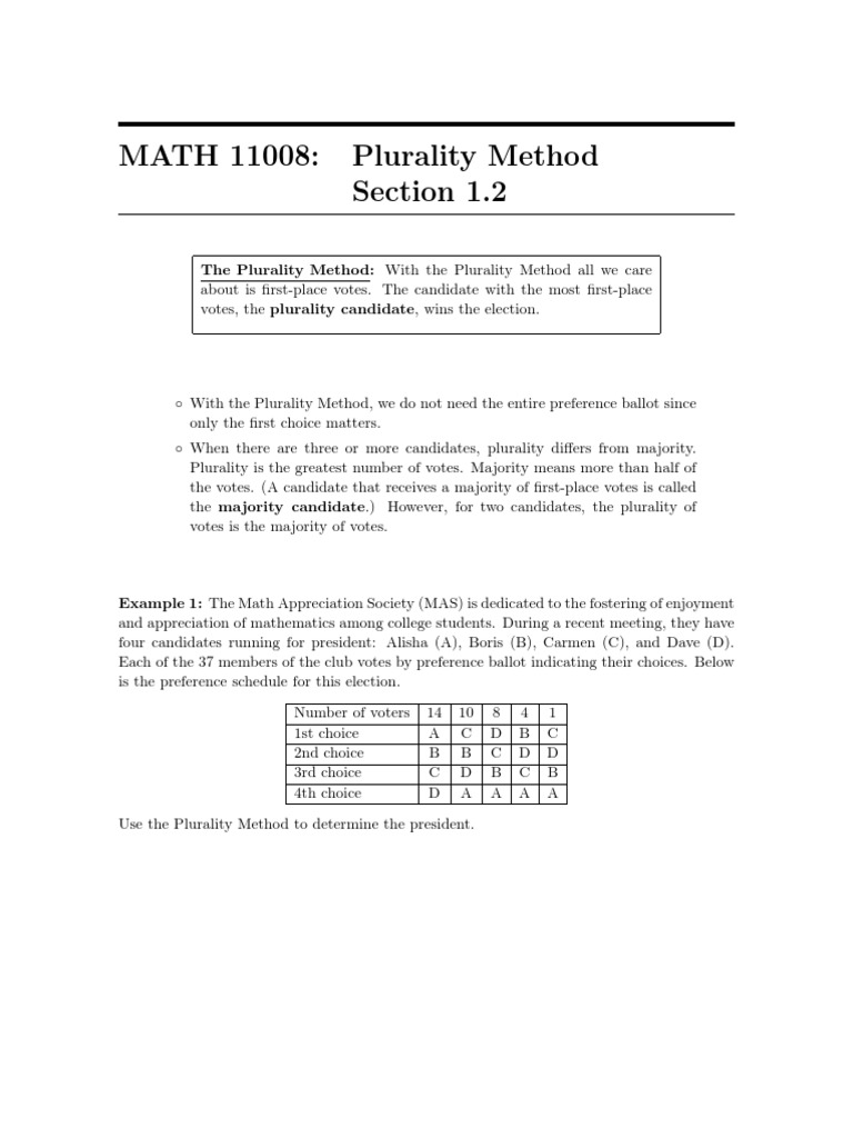 Math 11008 Plurality Method Section 1 2 Pdf Voting Political Law