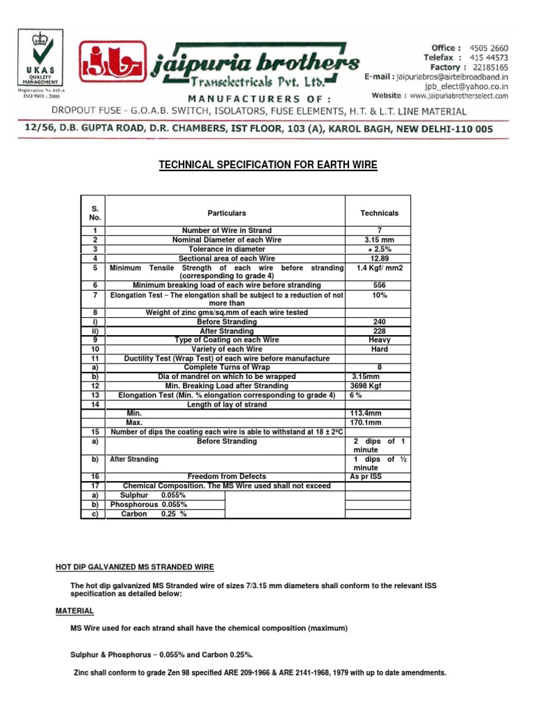 Technical Specification for 7/3.15mm Hot Dip Galvanized MS Stranded ...