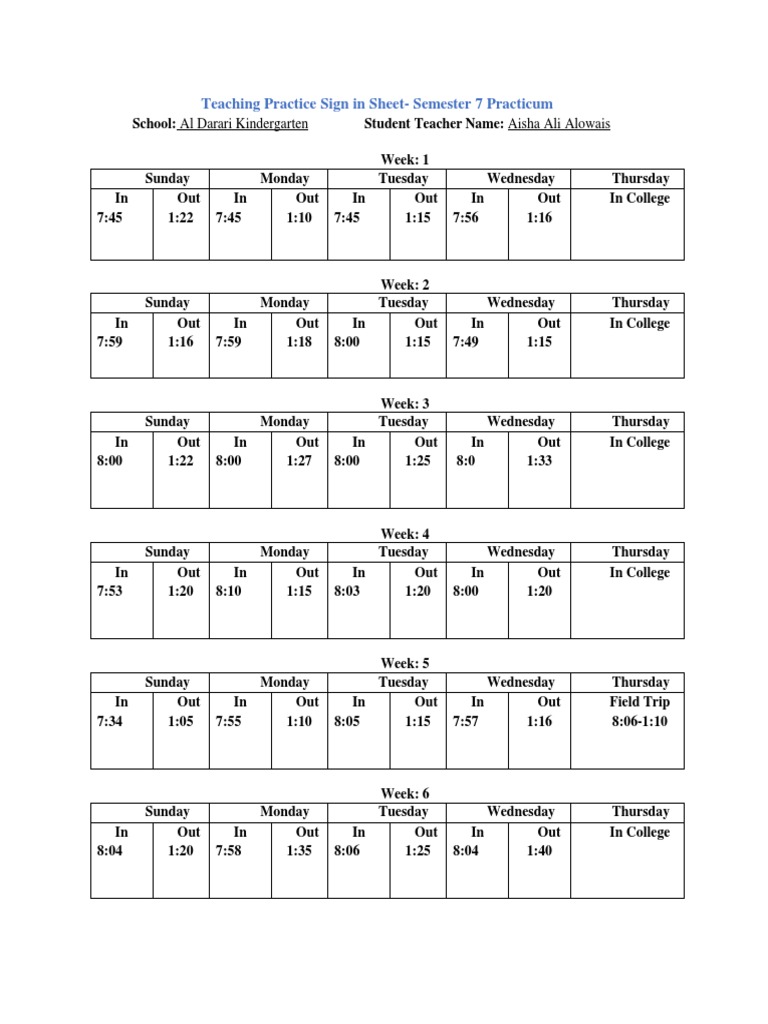 Semester 7 Teaching Practice Log | PDF