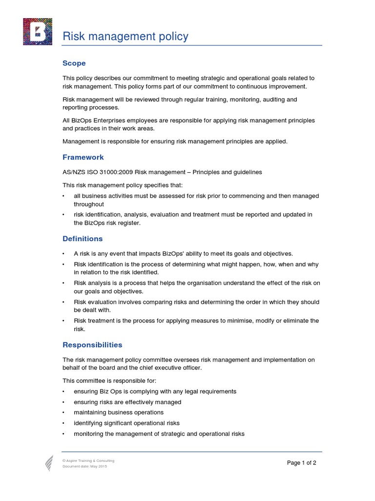 BSBWHS401 Risk Management Policy PDF | PDF | Risk Management | Risk