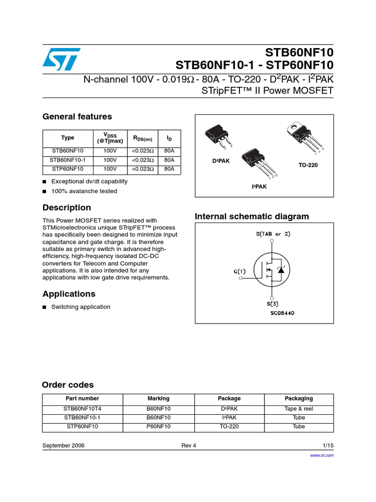STB60NF10 STB60NF10-1 - STP60NF10: N-Channel 100V - 0.019 - 80A - TO ...