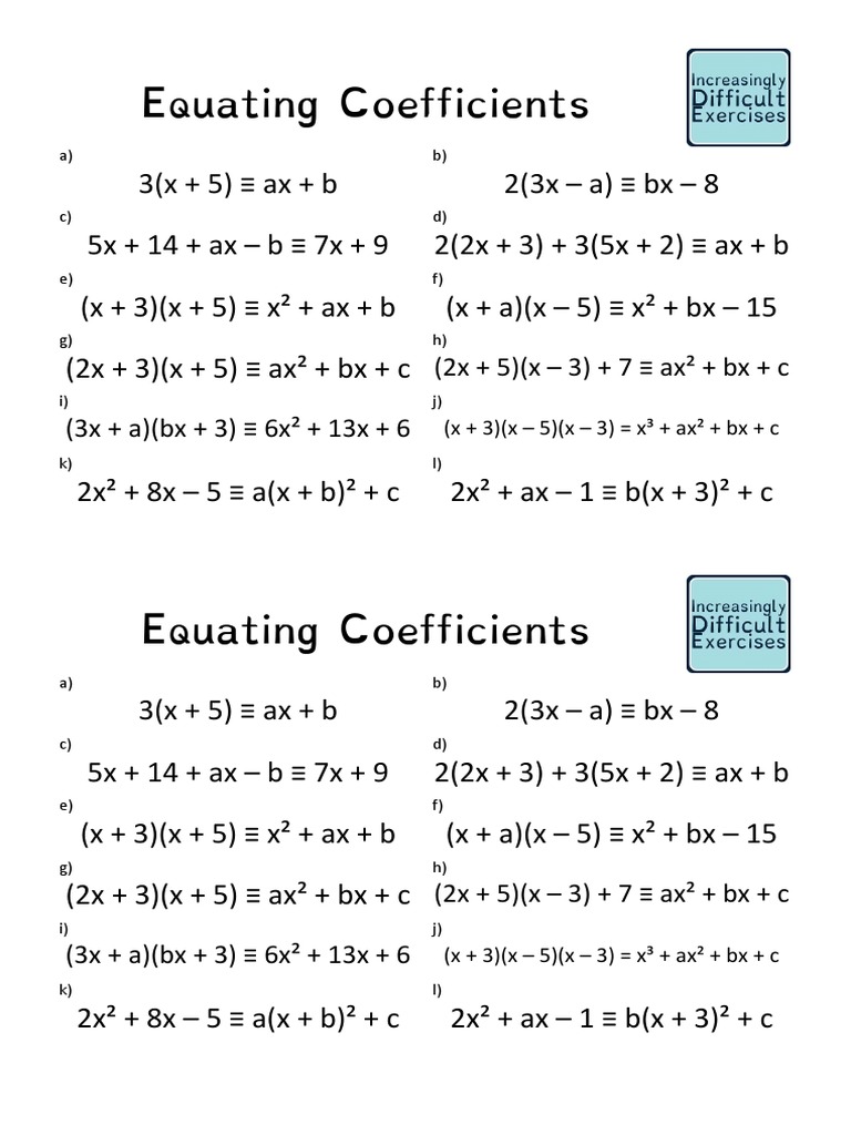 Equating Coefficients 01 | PDF