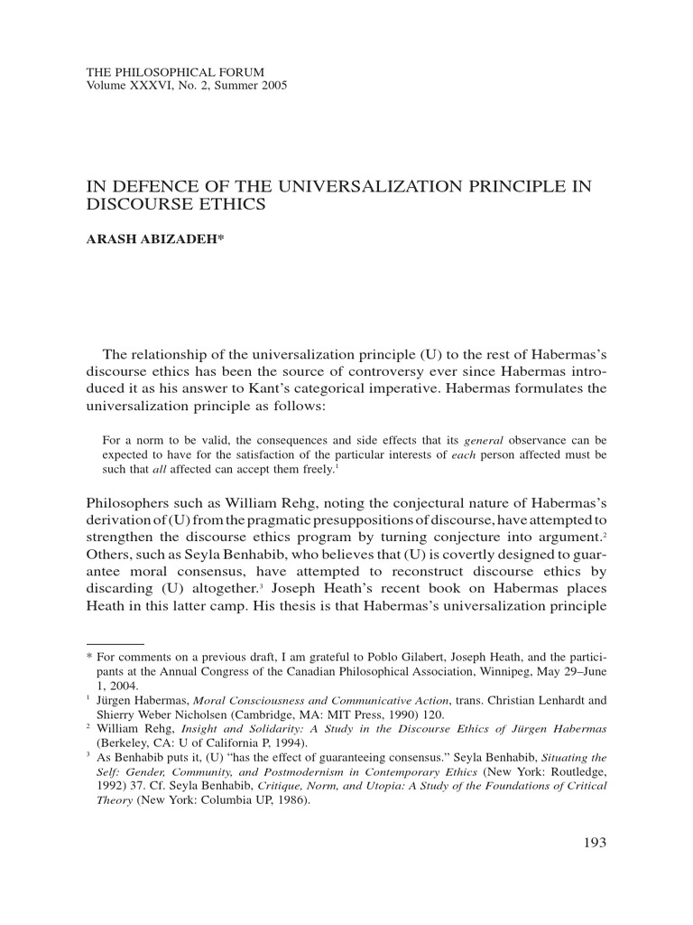 Abizadeh (2005) in Defence of The Universalization Principle in ...