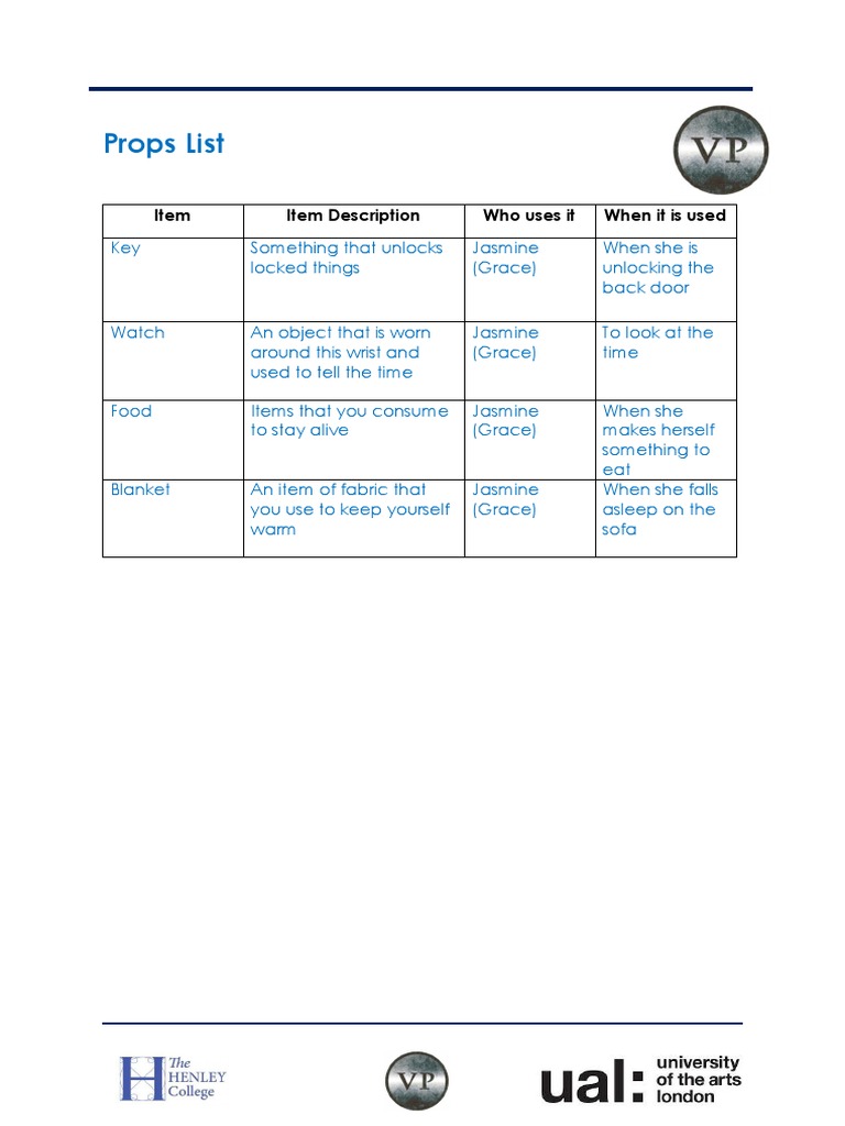 Props List for Jasmine's Activities | PDF