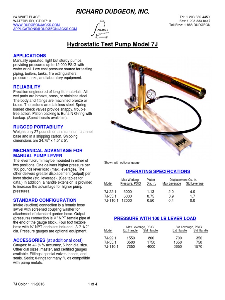 Hydrostatic Test Pump Model 7J: Richard Dudgeon, Inc | Pump | Valve