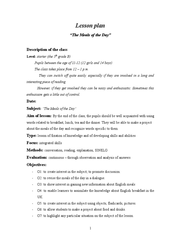 The Meals of The Day Lesson Plan | Download Free PDF | Meal | Lunch