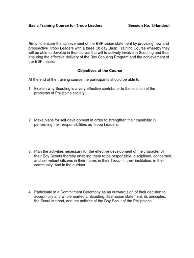 Basic Training Course For Troop Leaders Session No. 1/handout | PDF