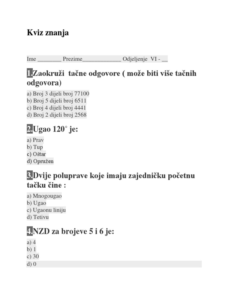 Kviz Znanja 6. Razred | PDF